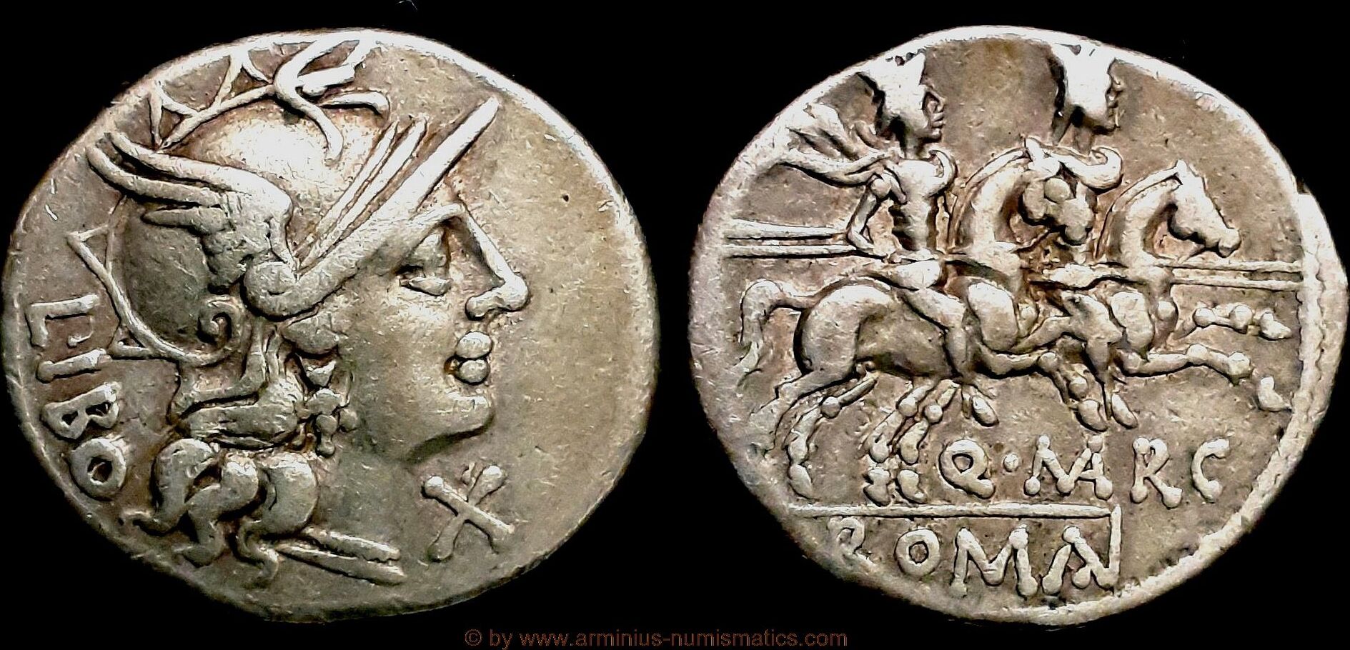 Roman Republic Denar 148 v. Chr. Münzmeister Quintus Marcius Libo ss ...