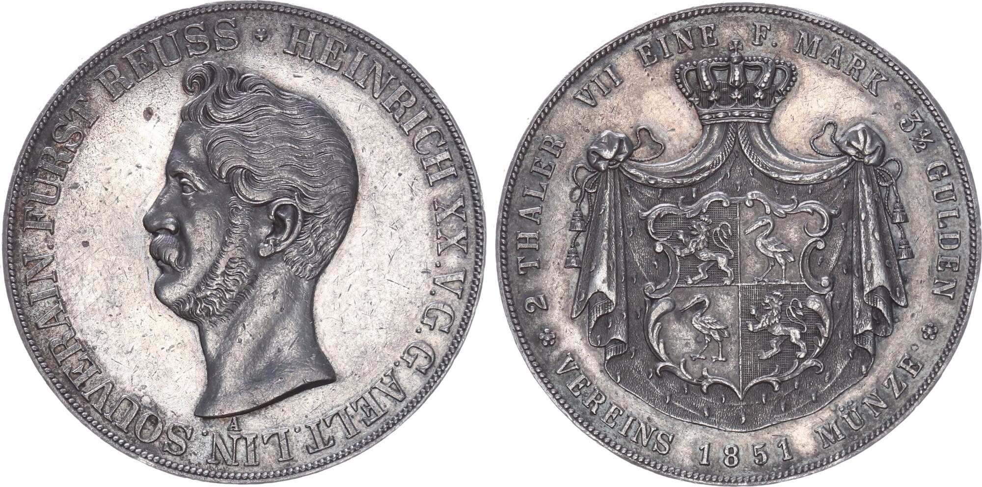 Reuss Doppeltaler 1851 Heinrich XX. 1836-1859 fast vz mit leichter ...