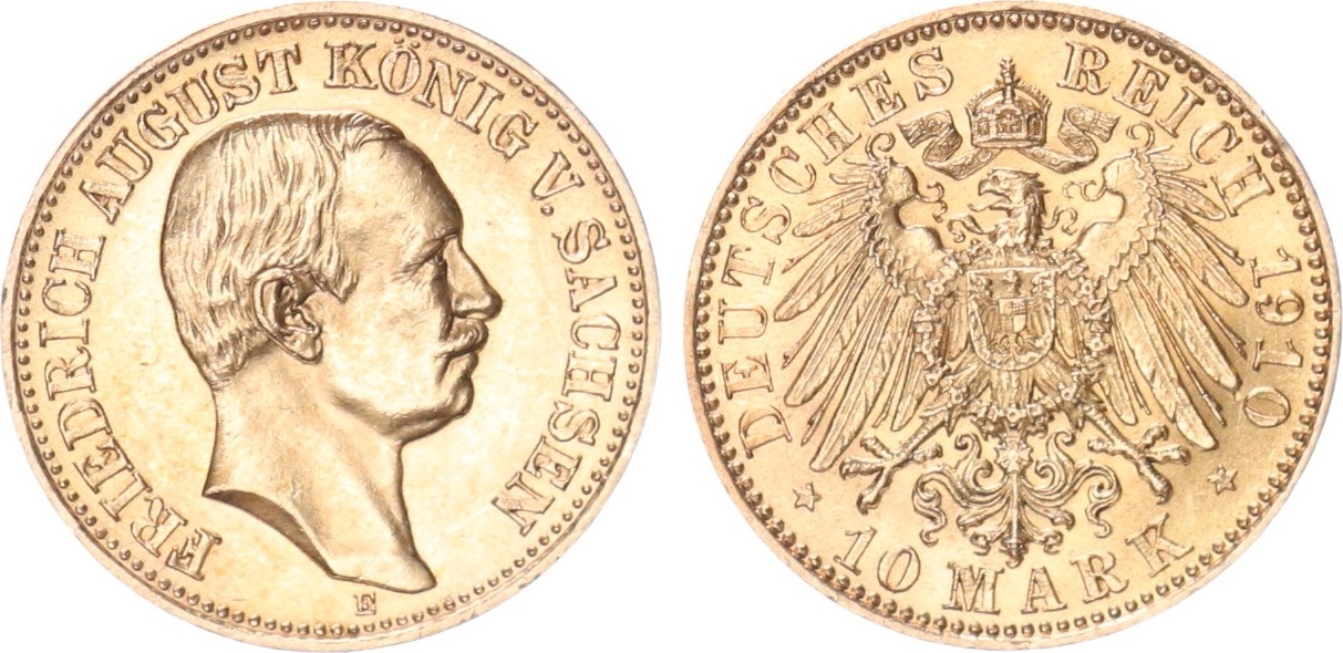 Sachsen 10 Mark 1910 König Friedrich August III. 1904-1918 Prachtexemplar, vz-st | MA-Shops