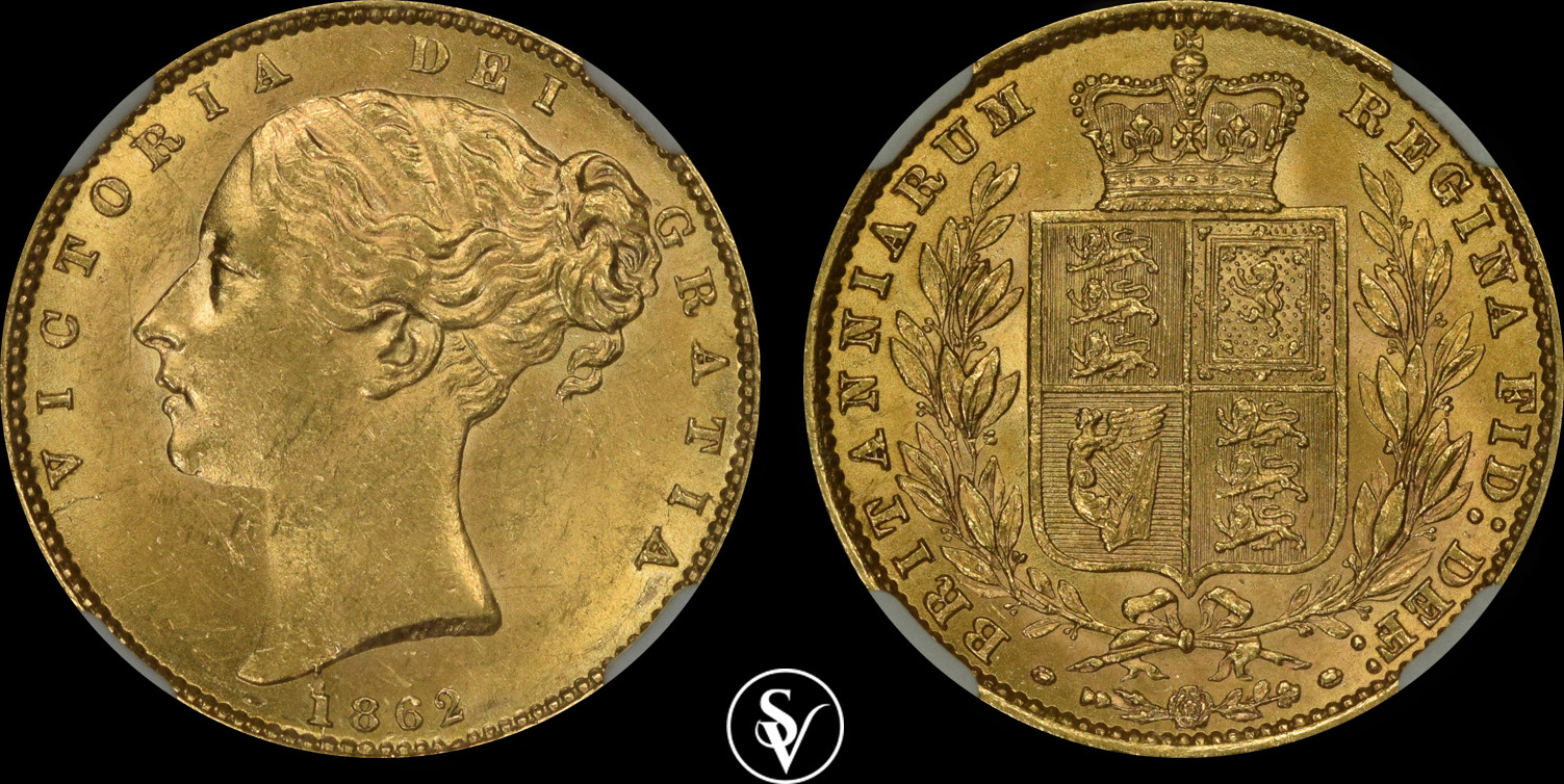 G.BRITAIN 1 sovereign 1862 Victoria shield NGC MS 63 | MA-Shops