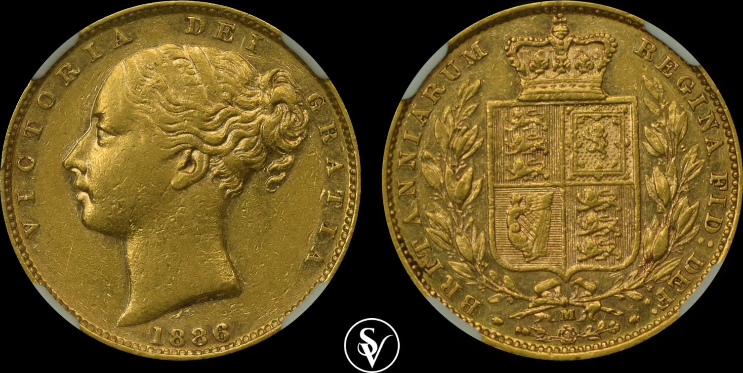 AUSTRALIA 1 sovereign 1886M Victoria shield NGC AU 55 | MA-Shops