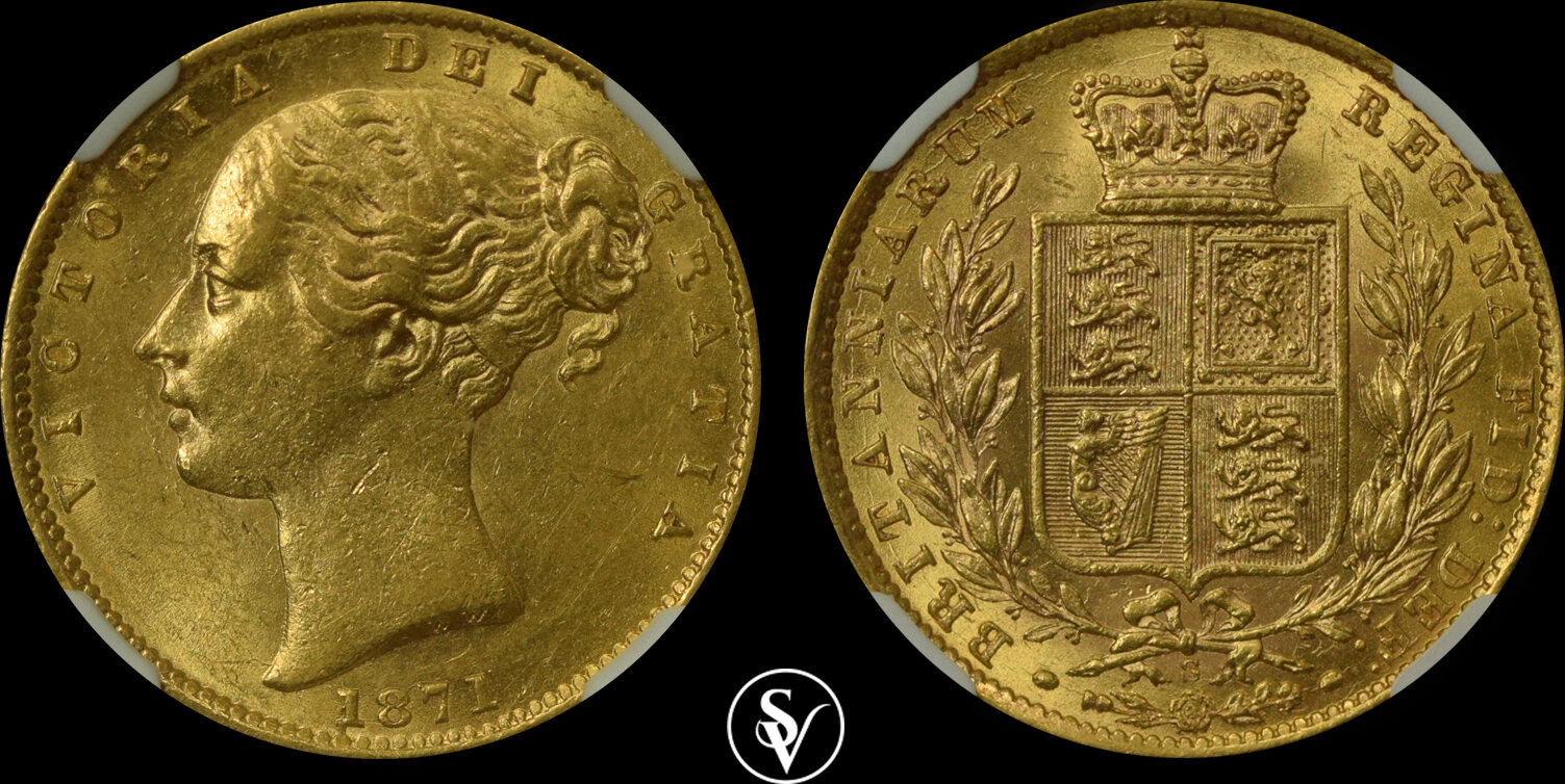 AUSTRALIA 1 sovereign 1871S Victoria shield NGC AU 58 | MA-Shops