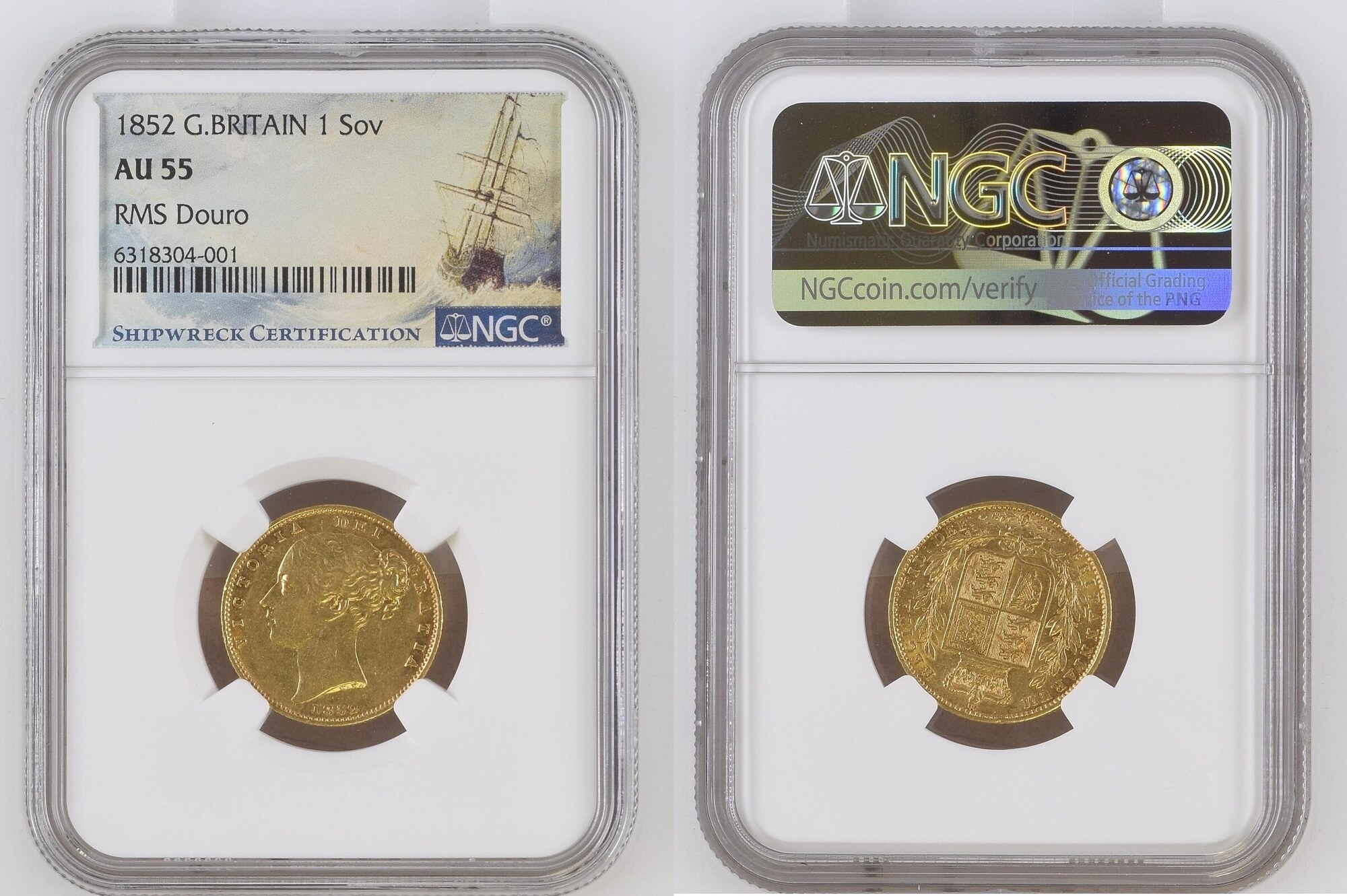 G.BRITAIN 1SOV 1852 RMS DOURO TREASURE NGC AU 55 | MA-Shops