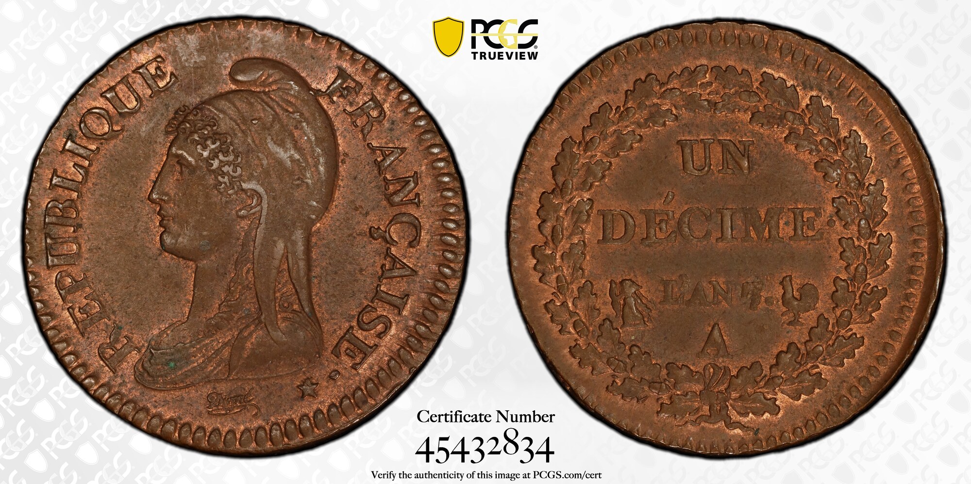 1799 France -Décime AN7/5 A - PCGS MS 63 | MA-Shops