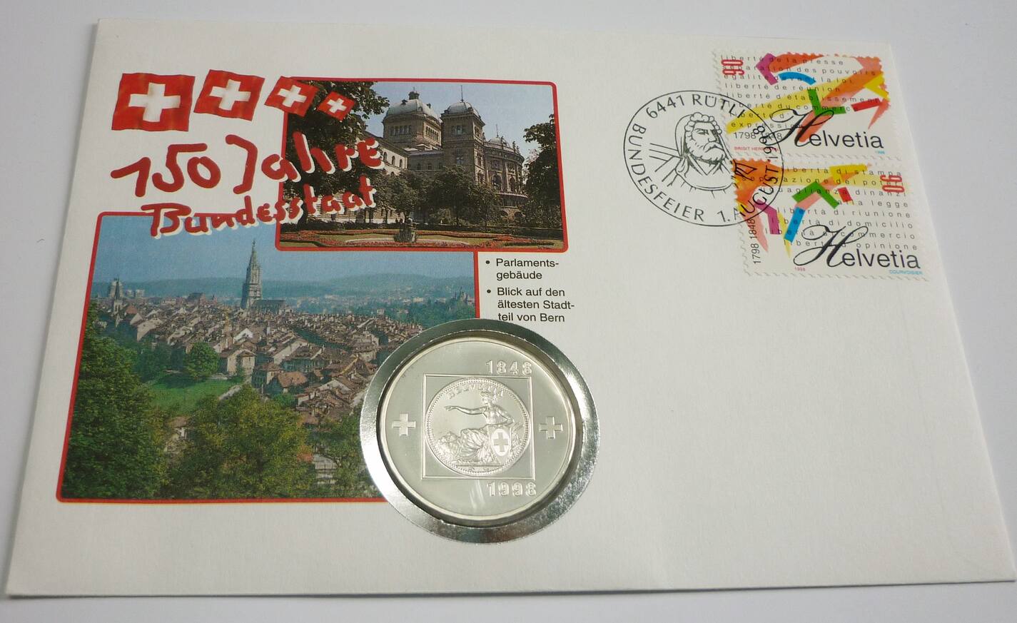 20 Franken 1998 Numisbrief - 150 Jahre Schweizerischer Bundesstaat(Motiv der Münze zu 5 Franken ...