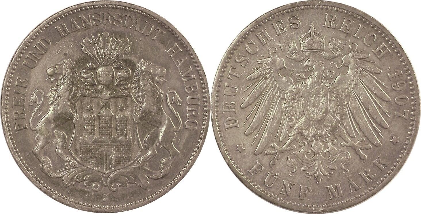 Deutschland/ Freie und Hansestadt Hamburg 5 Mark 1907 (J) Stadtwappen s | MA-Shops
