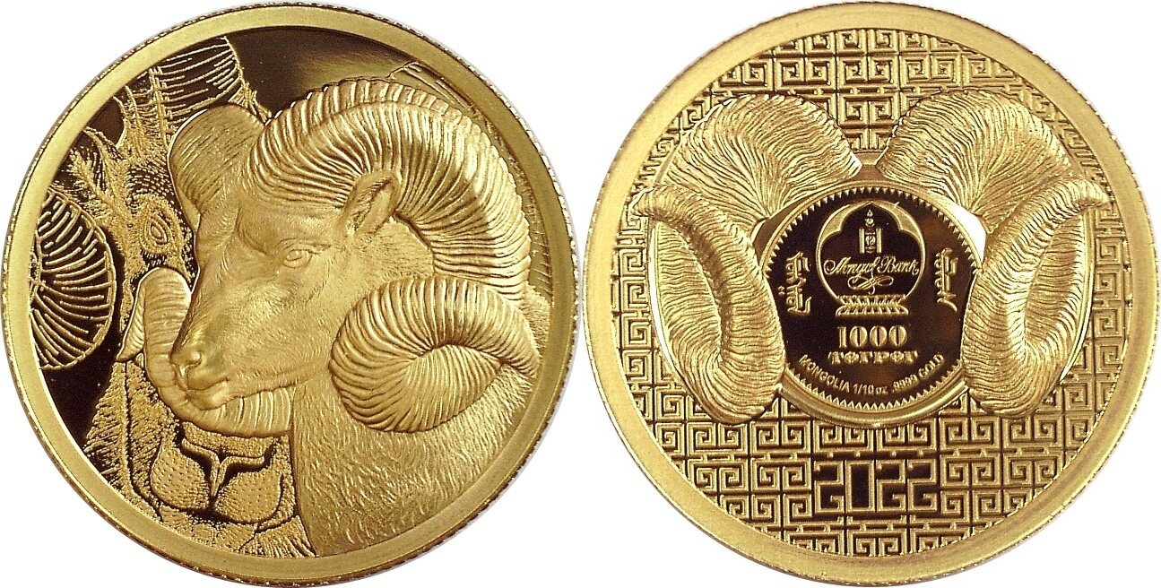 Mongolei 1000 Togrog 2022 1/10 oz Magnificent Argali (Widder) PP im ...