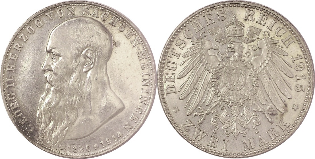 Deutschland/ Kaiserreich Sachsen-Meiningen 2 Mark 1915 Georg II. 1866 - 1914 - 1. Todestag von ...