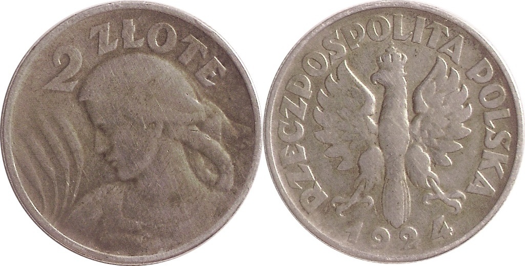 Polen 2 Zlote 1924 Landarbeiterin mit Ähren s-ss | MA-Shops