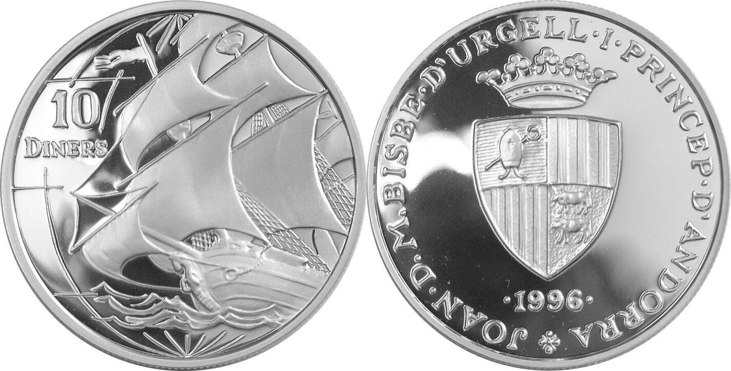 Andorra 10 Diners 1996 Geschichte der Seefahrt (Segelschiff vor Globus ...