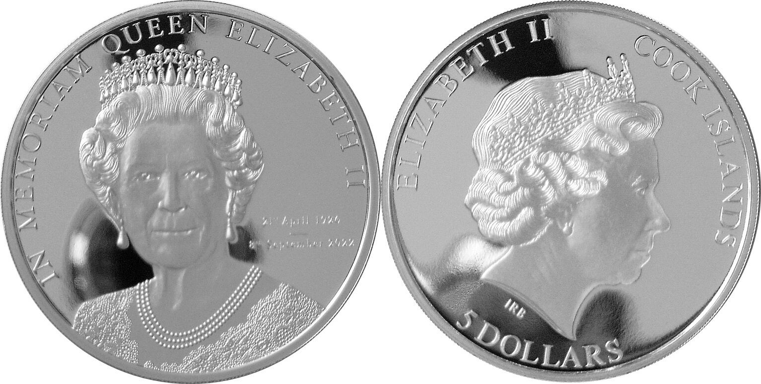Cook-Inseln, Cook Islands 5 Dollars 2022 1 oz In Memoriam Queen ...