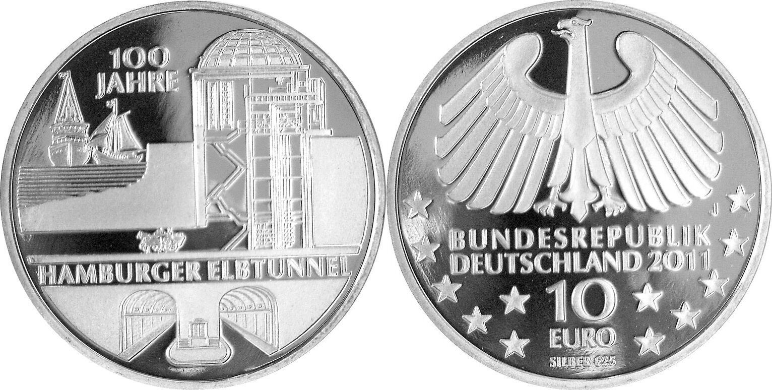 Deutschland 10 Euro 2011 (J) 100 Jahre Hamburger Elbtunnel PP gekapselt ...