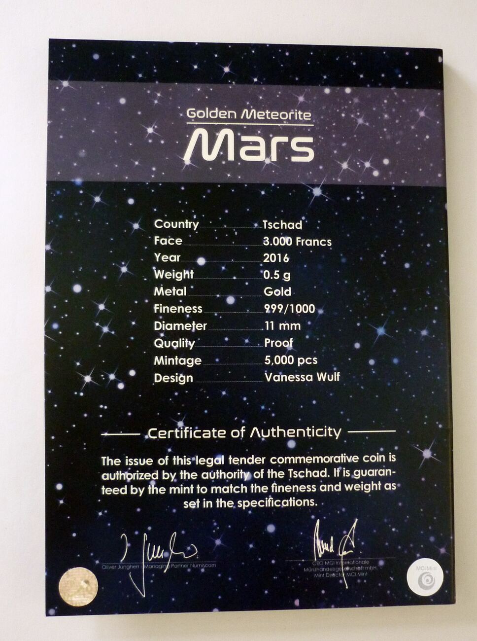 Tschad 3.000 Francs 2016 Golden Meteorite (Mars) PP im Blister | MA-Shops
