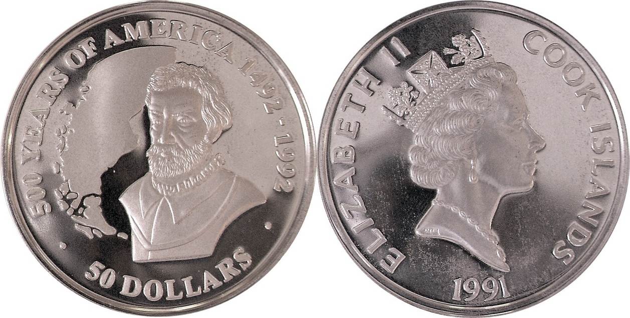 Cook-Islands, Cook-Inseln 50 Dollars 1991 500 Jahre Amerika ("Ferdinand Magellan") PP angelaufen ...