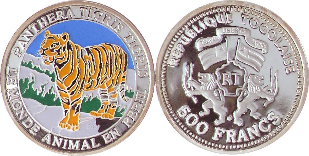 Togo 500 Francs 2001 Bedrohte Tierwelt (Tiger in Farbe) PP offen ...