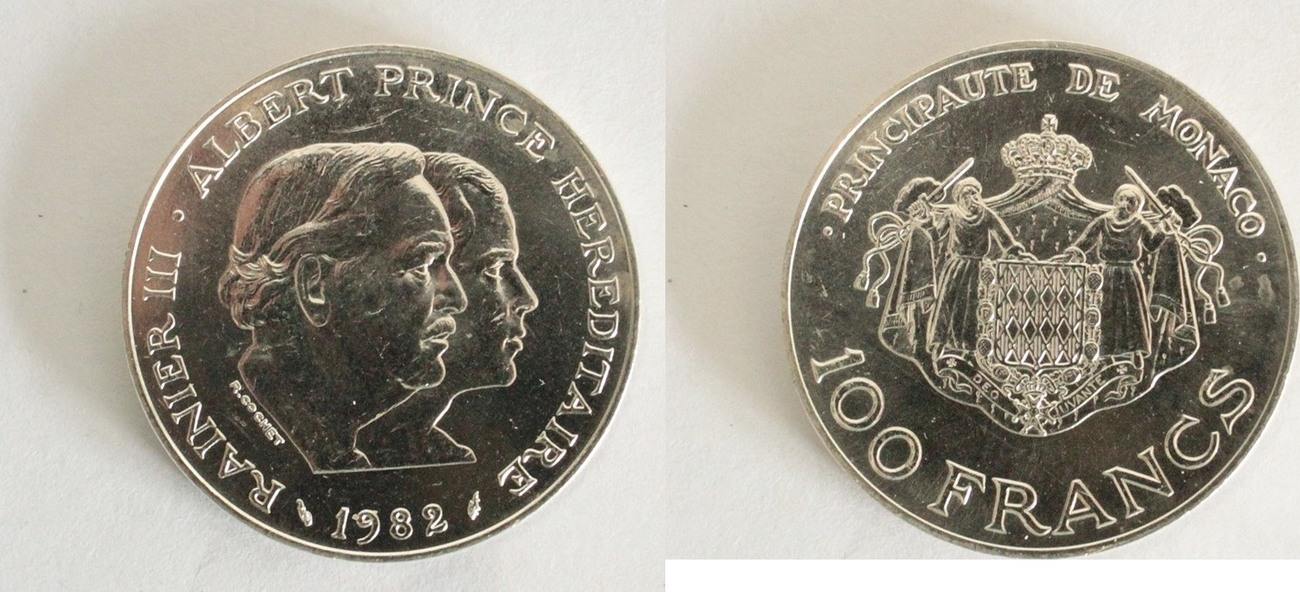 Monaco 100 Francs 1982 Fürst Rainier III. und Erbprinz Albert kl ...