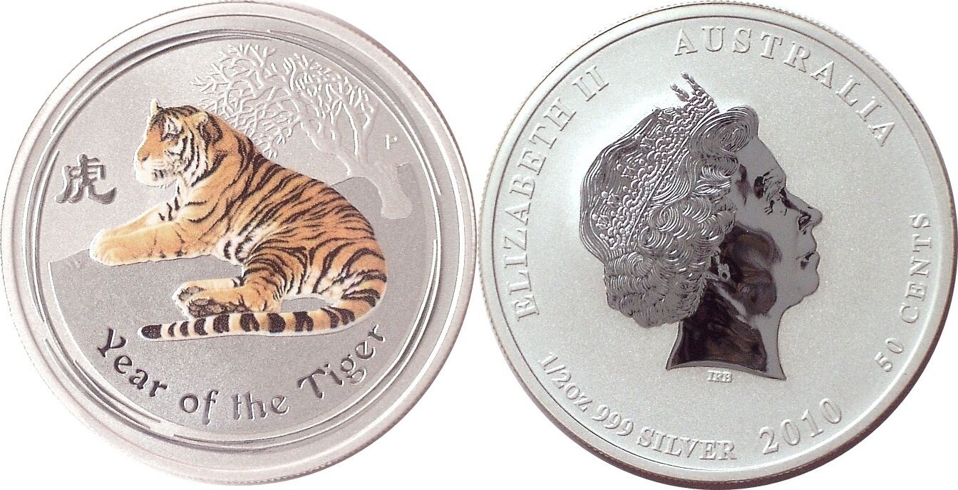 Australien 50 Cents 2010 1/2 oz Lunar II (Tiger) (coloriert) ST in Originalkapsel | MA-Shops