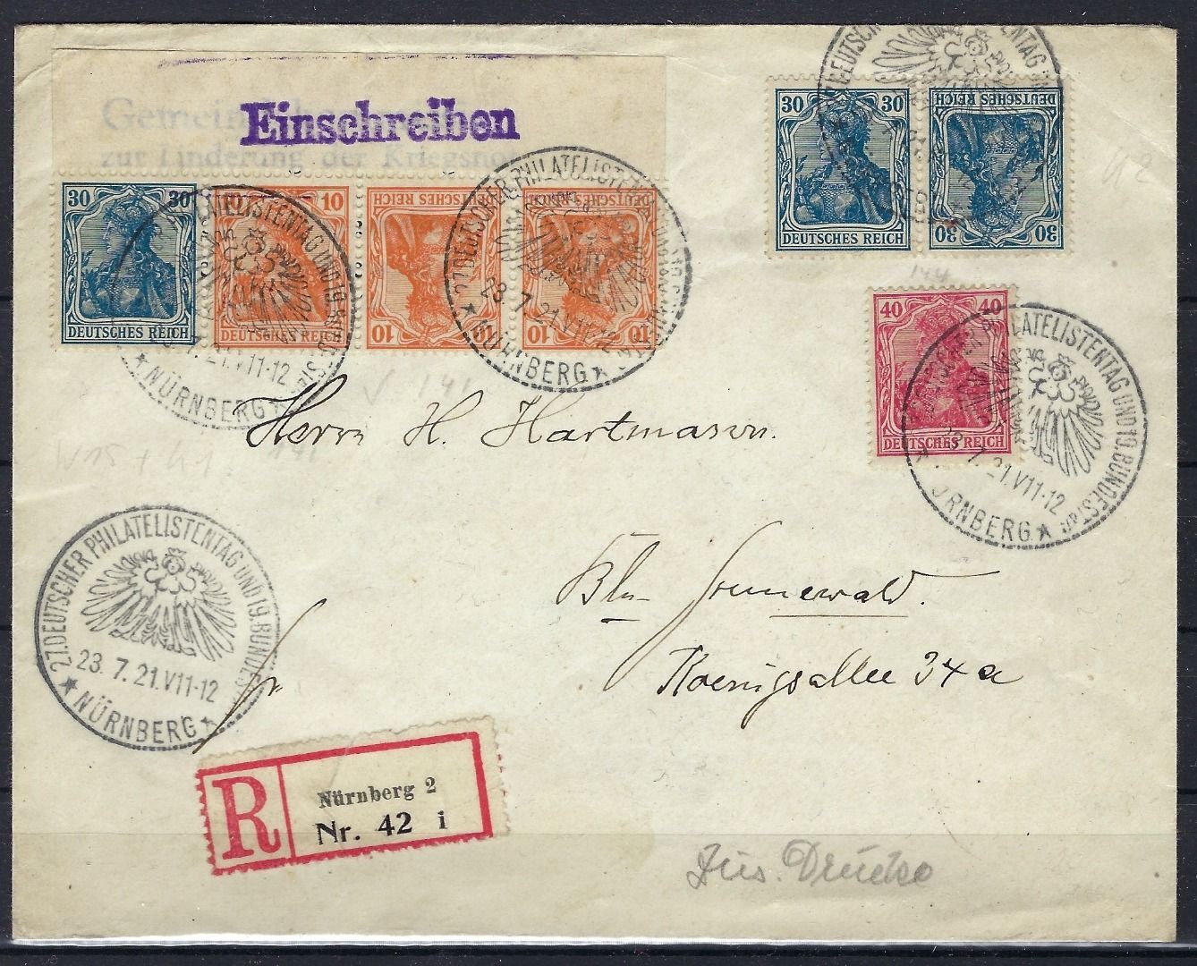 Deutschland vor 1945 DR Germania, ZD WK 1 als MiF auf R-Brief Nürnberg ...