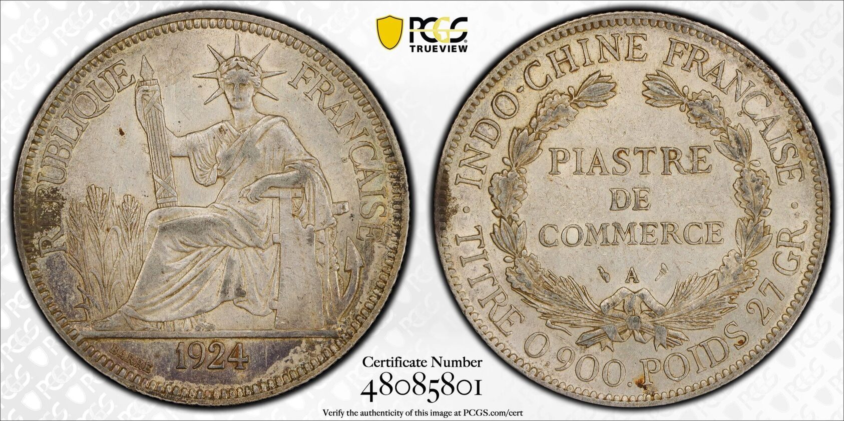 French Indo China Piastre 1924-A Lec-300 PCGS AU55 | MA-Shops