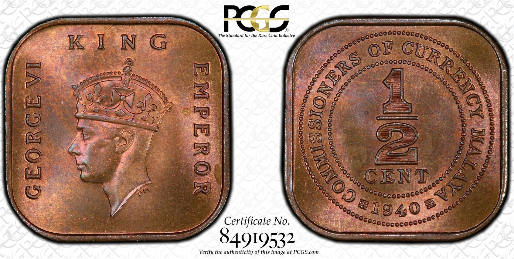 Malaya 1/2C 1940 Rare Top Pop RB PCGS MS65RB | MA-Shops