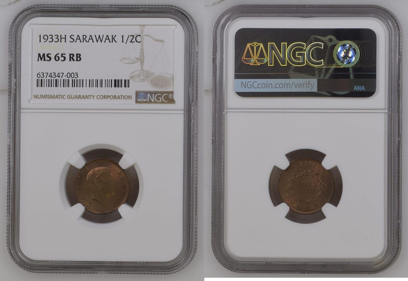 SARAWAK 1/2C 1933H NGC MS 65 RB | MA-Shops