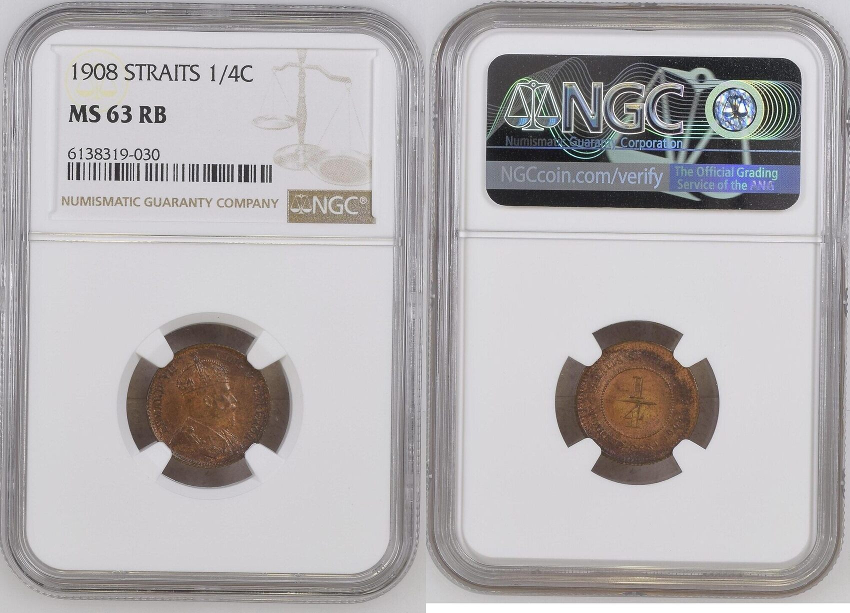 STRAITS 1/4C 1908 NGC MS 63 RB | MA-Shops