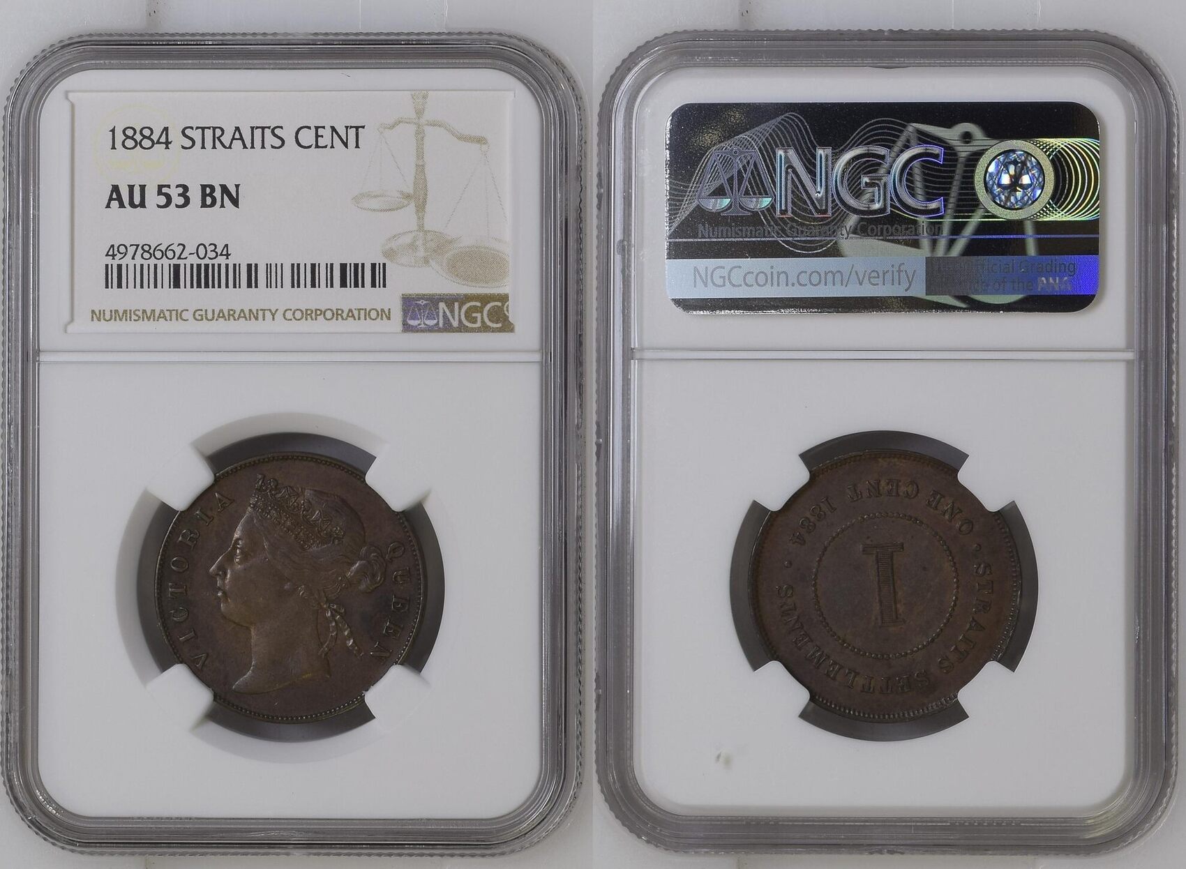 STRAITS CENT 1884 NGC AU 53 BN | MA-Shops