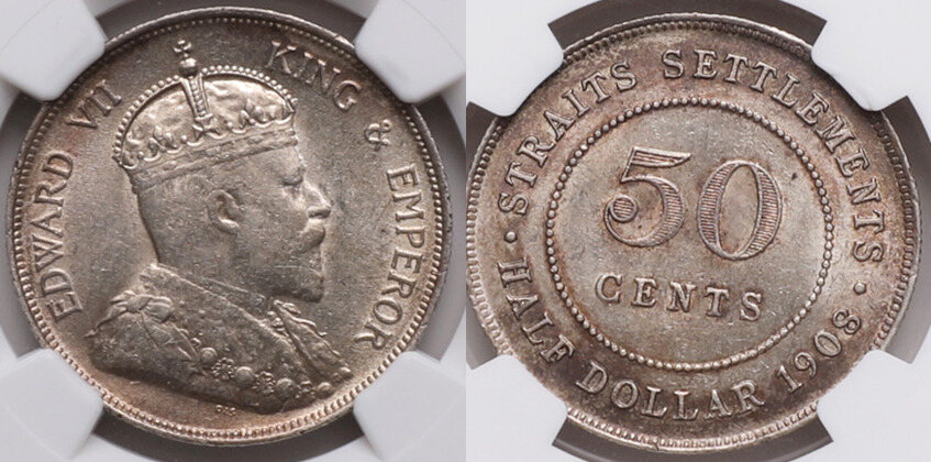 50C 1908 Straits Settlements Edward VII NGC AU 58 | MA-Shops
