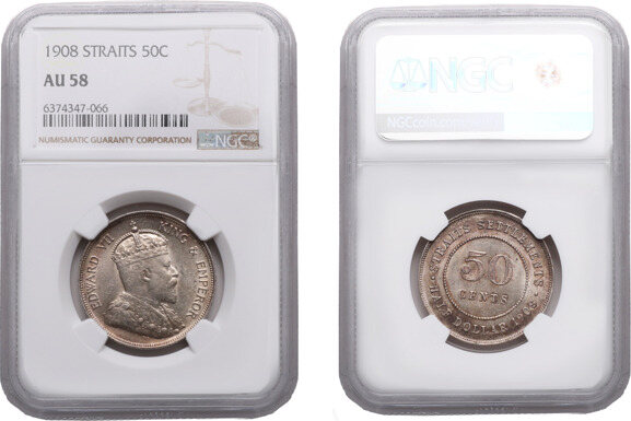 50C 1908 Straits Settlements Edward VII NGC AU 58 | MA-Shops