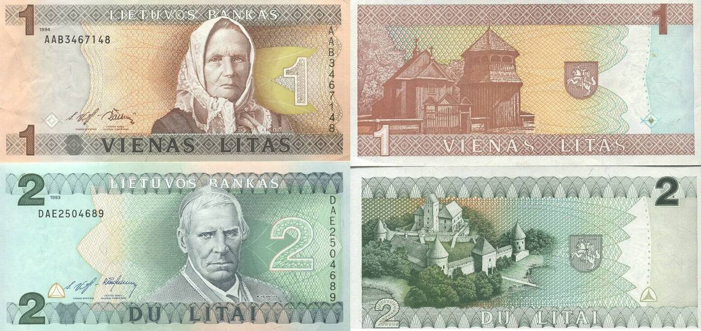 Litauen 1 Litas + 2 Litai 1993/94 1 Litas = kl. Einriss, 2 Litai Erh. I ...