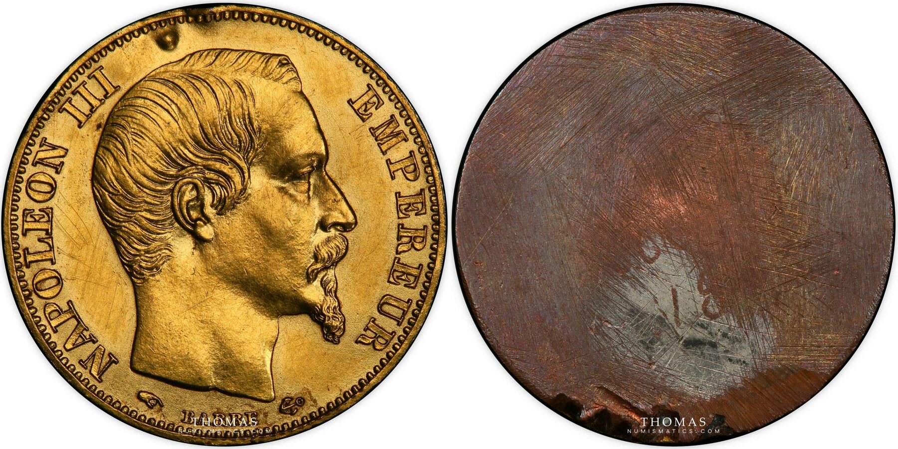 Essai 1855 Napoleon III Coin - France Napoléon III - Trial uniface gilt-bronze obverse gold 20 ...