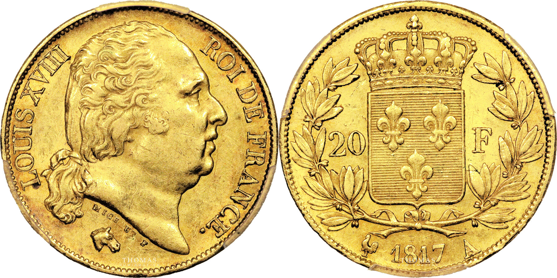 Coin France - Louis XVIII - Gold 20 Francs or - 1817 A Paris AU+ / PCGS AU 58 | MA-Shops