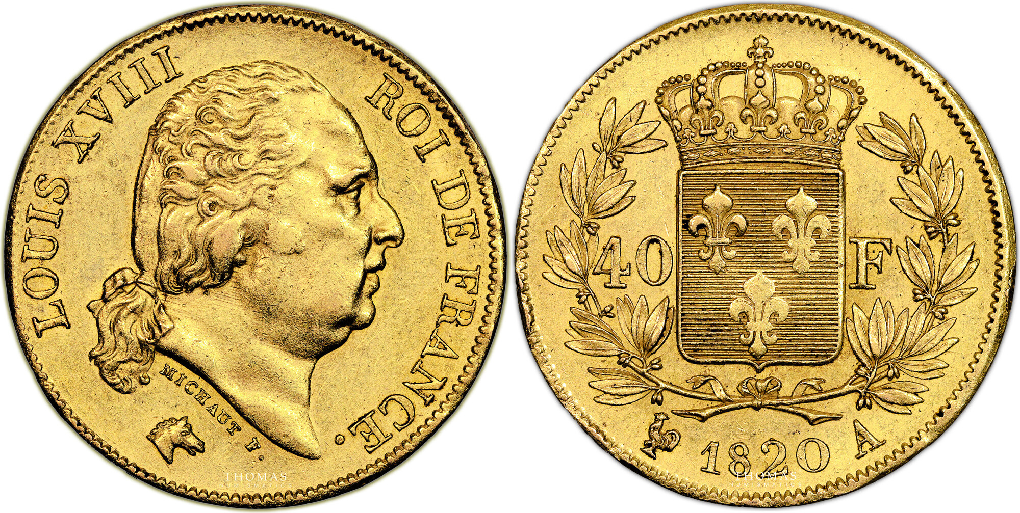 Coin France - Louis XVIII - gold - 40 Francs or - 1820 / var 2/1 - A Paris - 5474 examples vz ...
