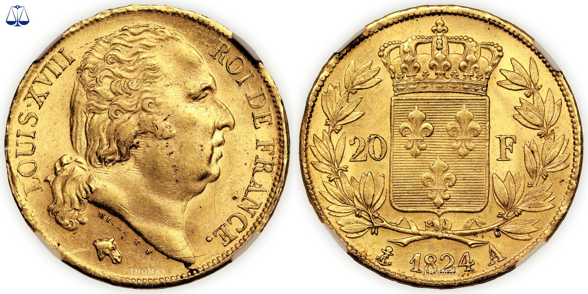 Coin France - Louis XVIII - 20 Francs Or - 1824 A Paris - light error signature SPL / NGC MS 63 ...