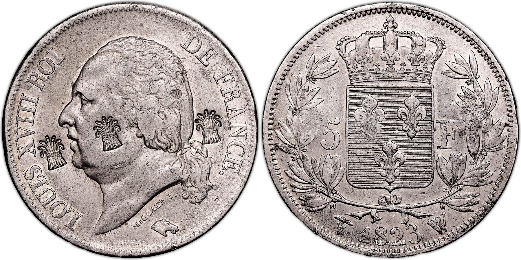1824 Coin France - Louis XVIII - 5 francs 1823 W Lille - Countermark ...