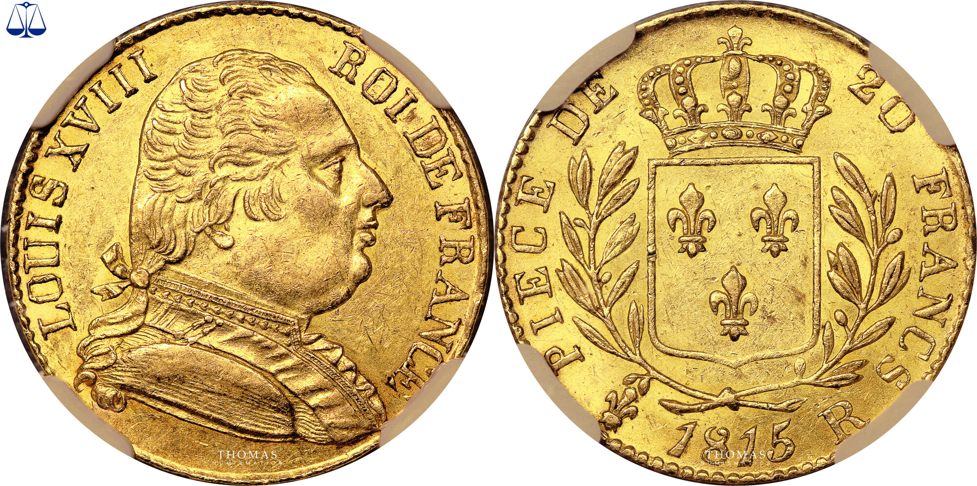 Coin France - Louis XVIII - Gold - 20 Francs or - 1815 R London SUP+ / NGC MS 61 | MA-Shops