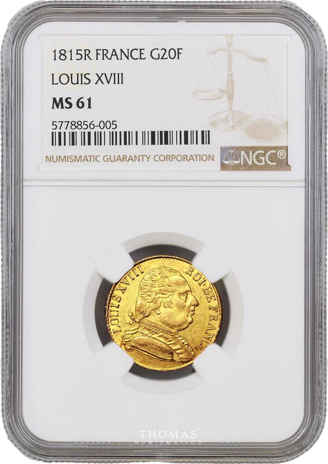 Coin France - Louis XVIII - Gold - 20 Francs or - 1815 R London SUP+ / NGC MS 61 | MA-Shops