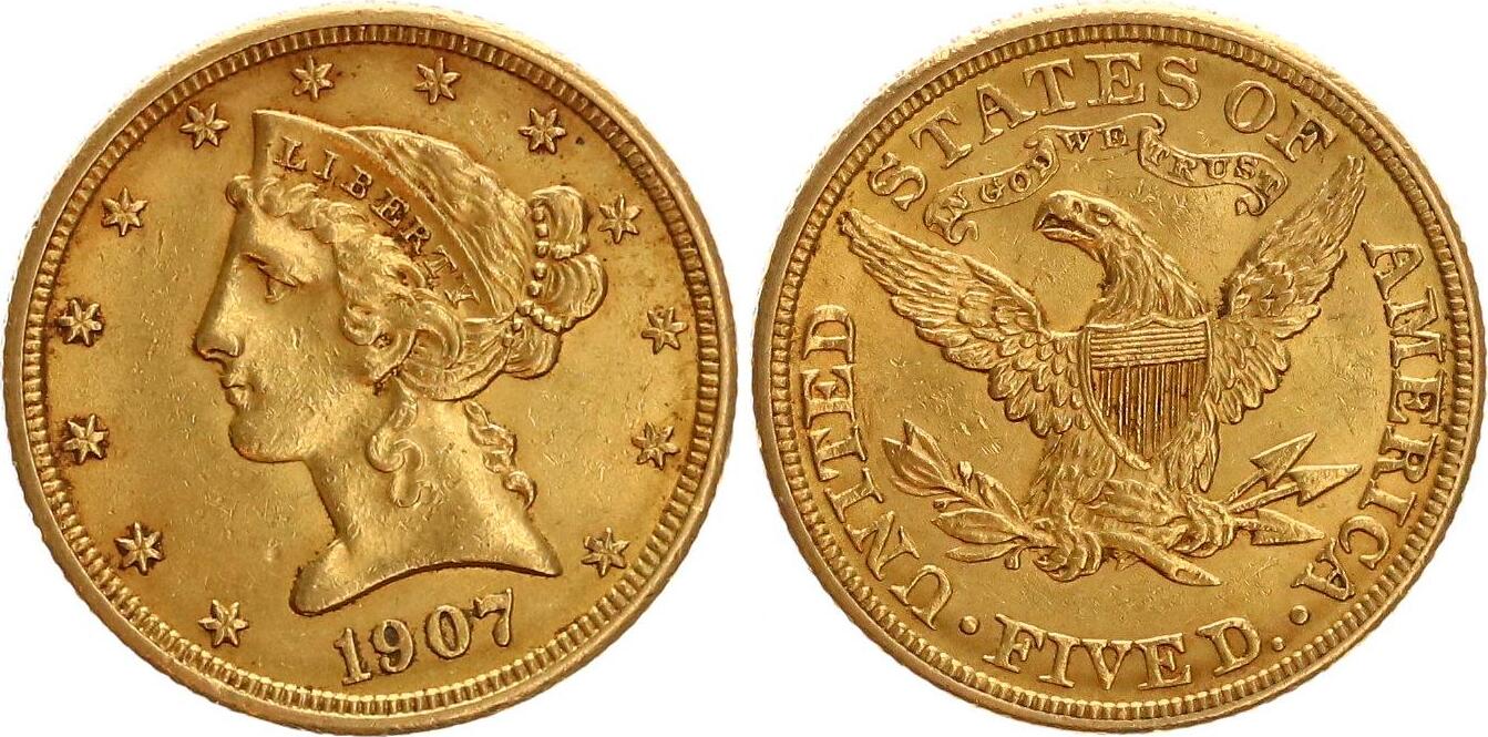 USA 5 Dollars 1907 - Philadelphia. Liberty Head. ss-vz | MA-Shops