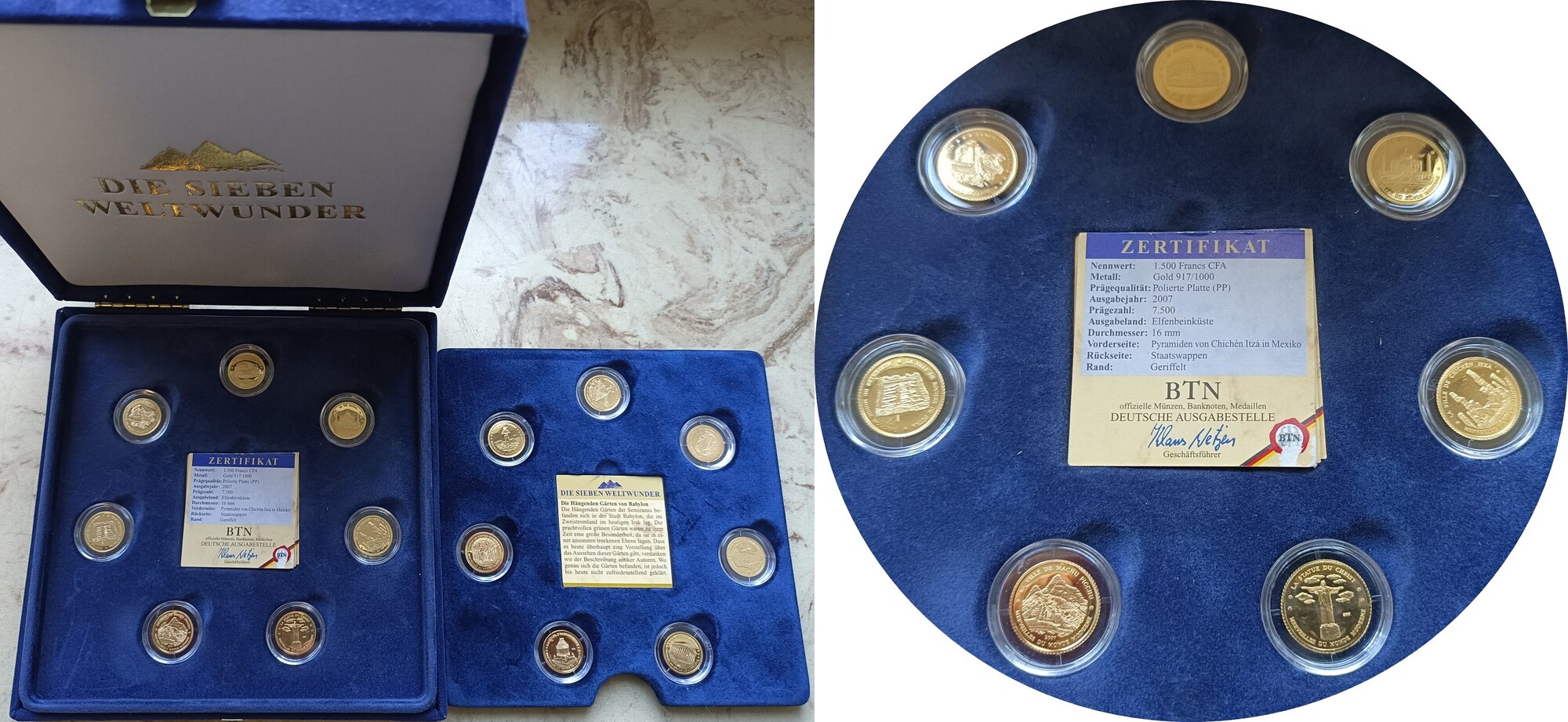 Elfenbeinküste - je 1.500 CFA 2007 Goldmünzen 'Die 7 Weltwunder', 14 ...