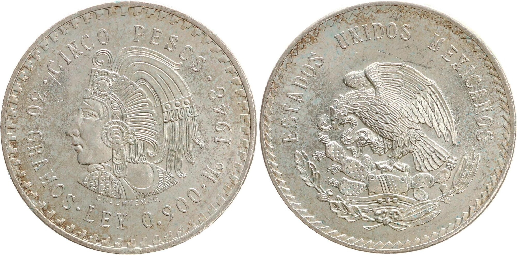 Mexiko 5 Pesos 1948 Mo - 30 Gramos - CUAUHTEMOC vz, winz. Kr. | MA-Shops