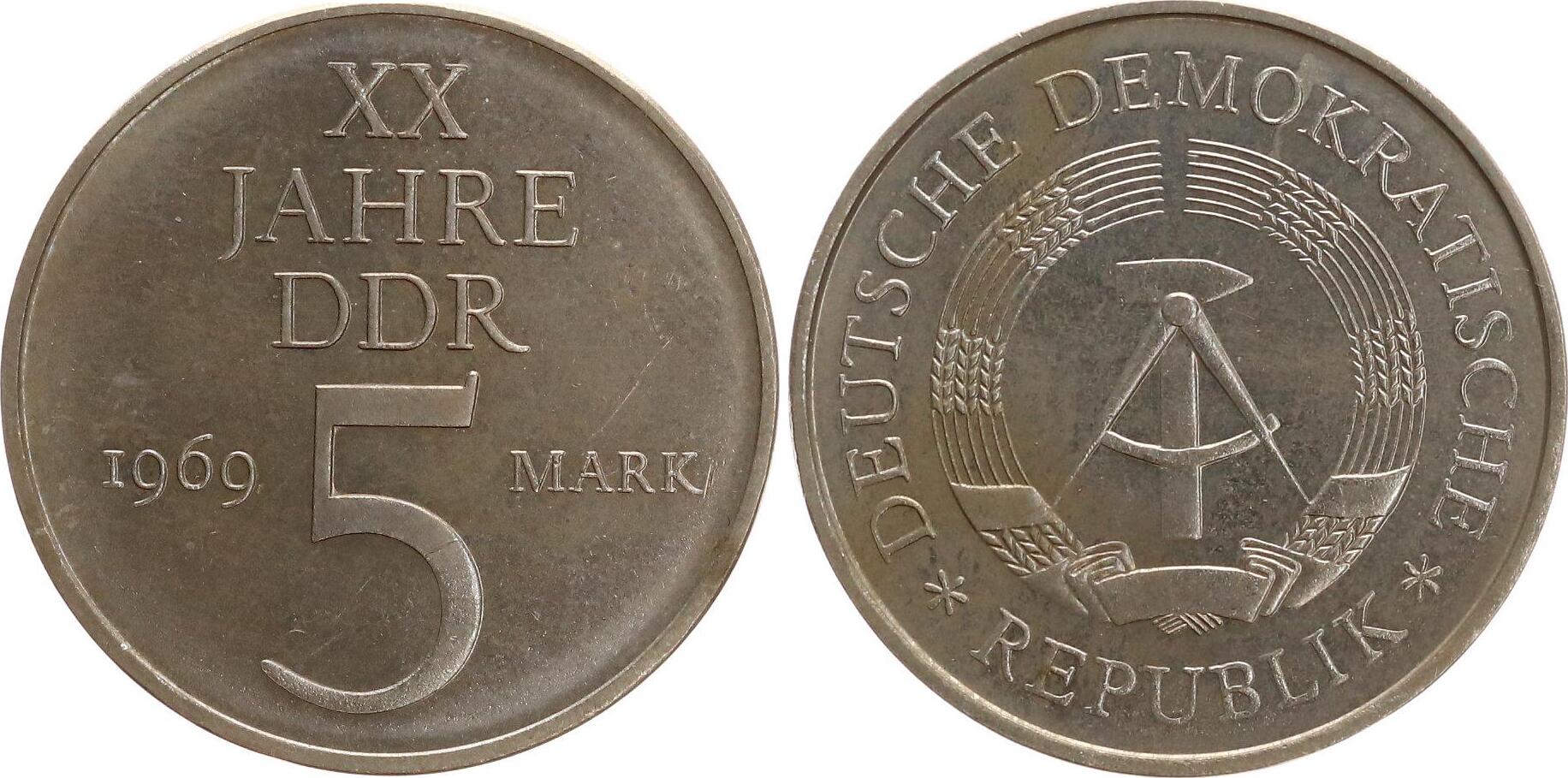 Deutschland - DDR 5 Mark 1969 - 20 Jahre DDR, Materialprobe in Ni25Cu75 ...