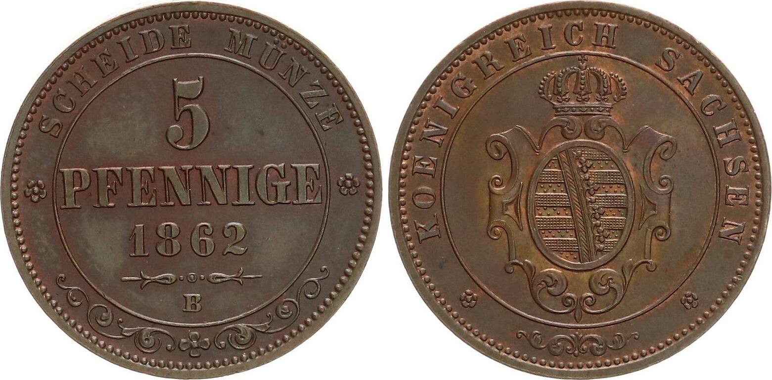 Deutschland - Sachsen 5 Pfennige 1862 B - Johann, 1854-1873 vz-st | MA ...