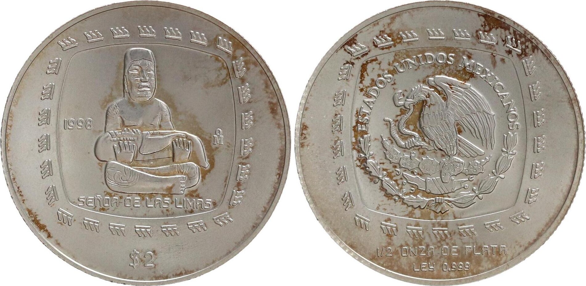 Mexiko 2 Pesos 1998 Pre-Columbian, Olmec Series 1/2 onza / Unze ...