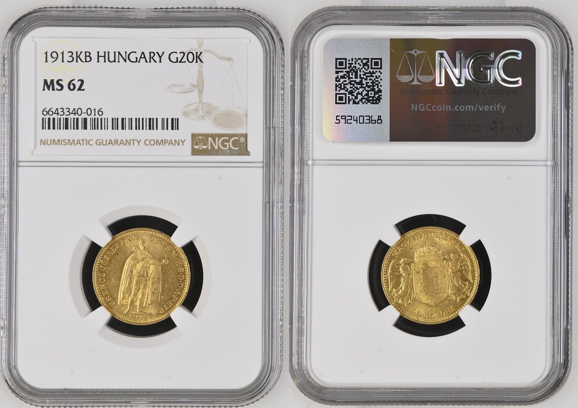 HUNGARY 20 Korona 1913 KB FRANZ JOSEPH I. geprägt Kremnica NGC MS 62 | MA-Shops