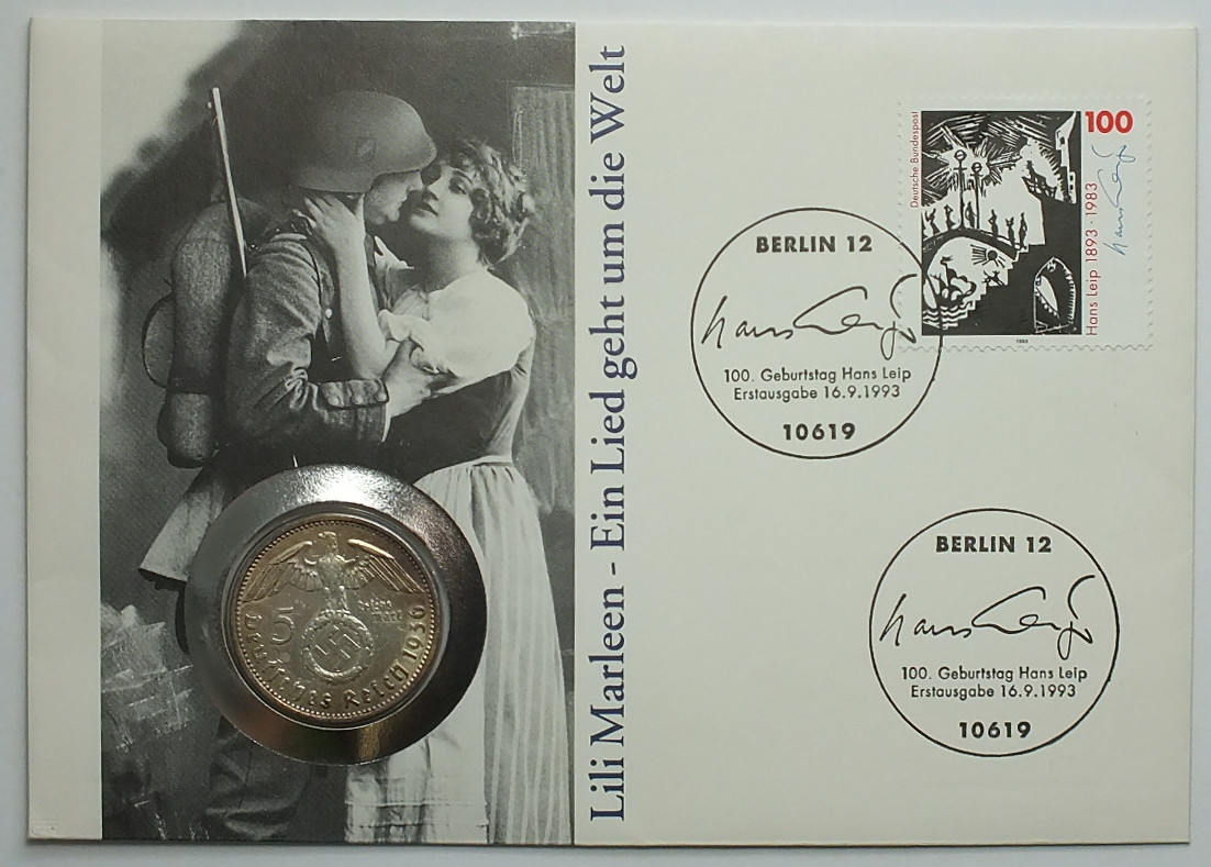 Deutschland 5 RM 1936 A / 1993 100 Geburtstag Hans Leip/ Lili Marleen ...