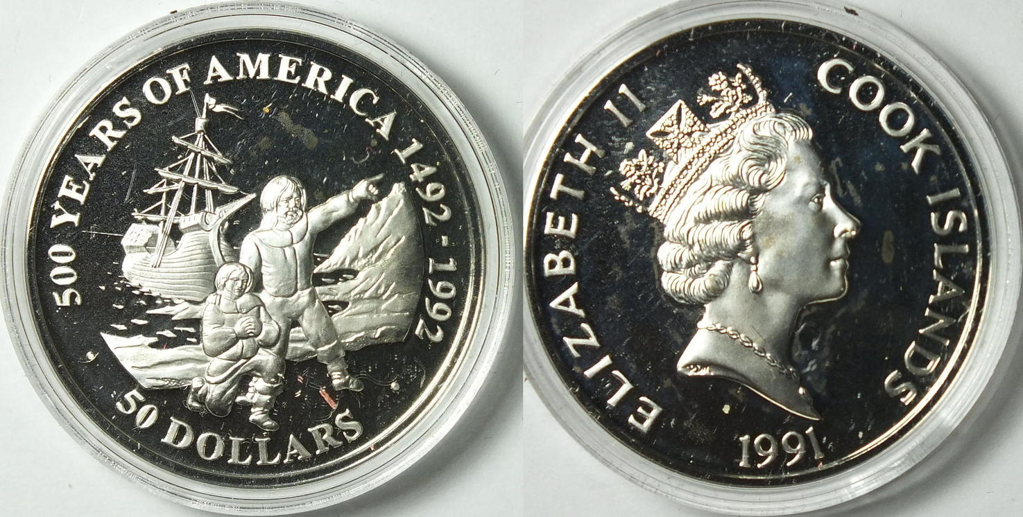 Cook Inseln 50 $ 1991 500 Jahre Amerika PP gekapselt leicht angelaufen | MA-Shops