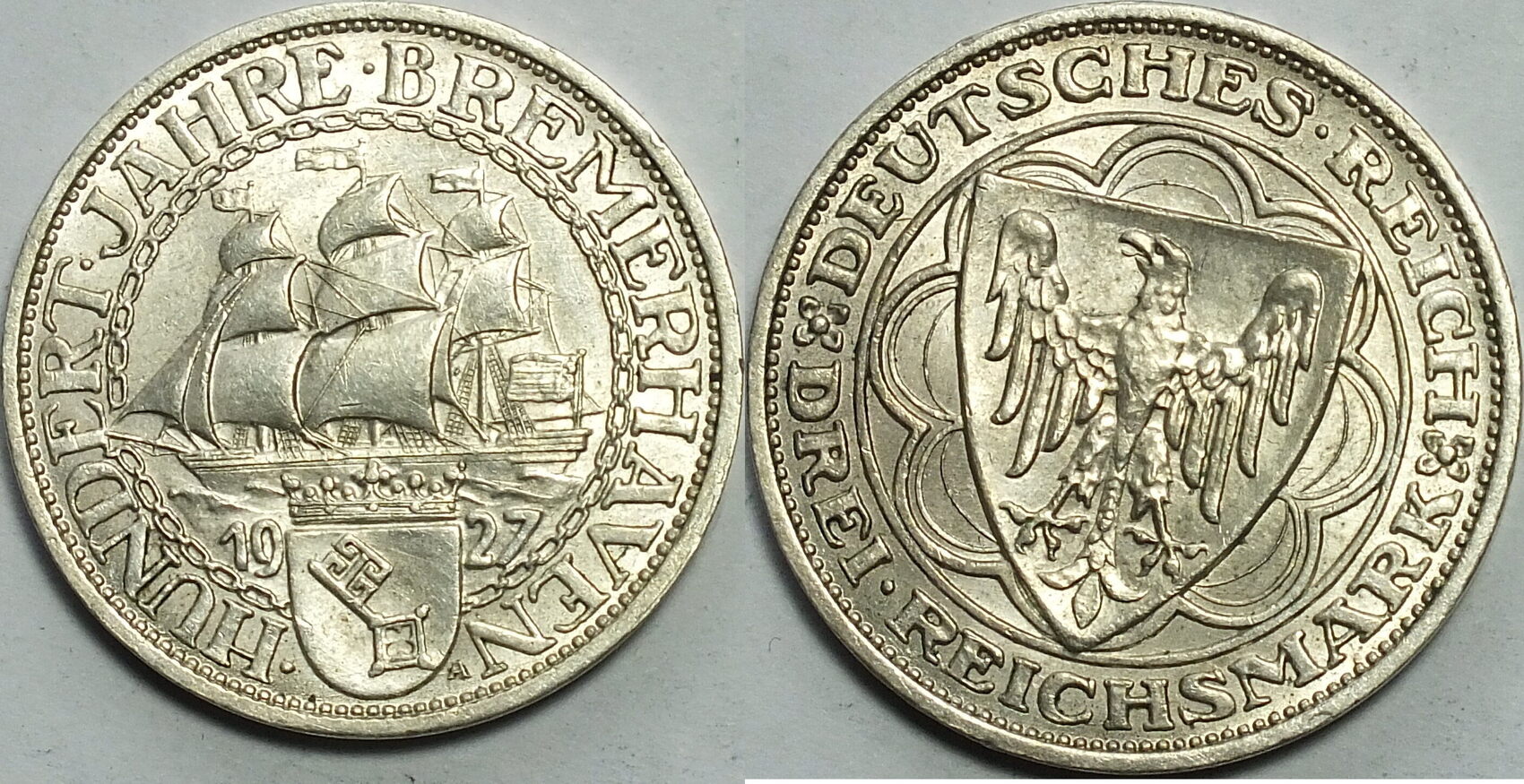 Weimar 3 Mark 1927 Bremerhaven vz - st, bfr | MA-Shops