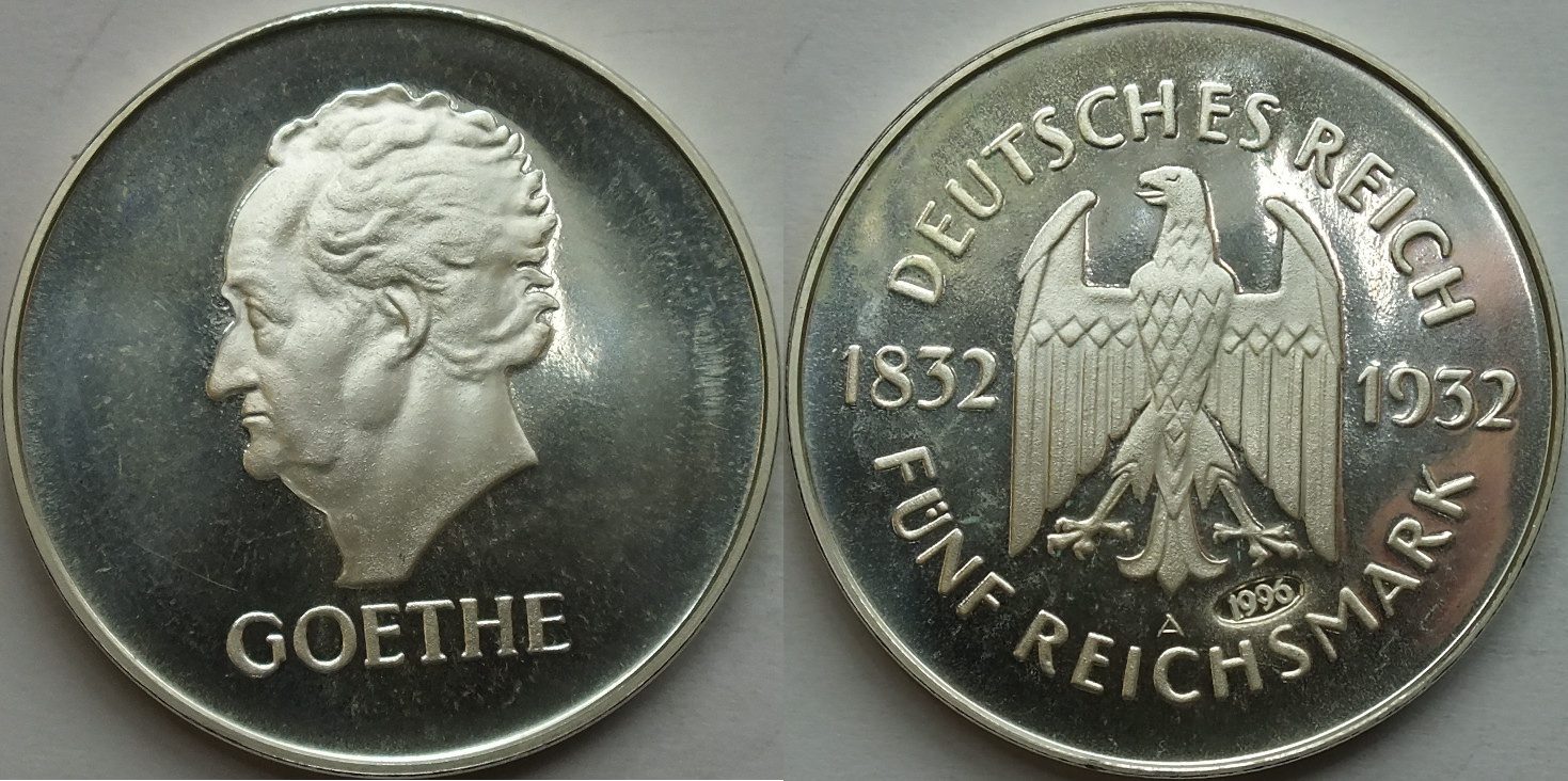 Deutschland 5 Mark 1932/2005 Nachprägung Goethe 5 RM PP | MA-Shops
