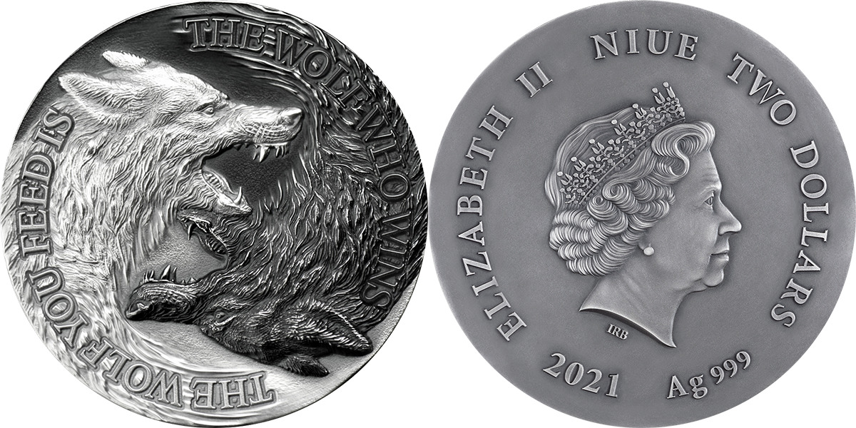 2 dollars Two Wolves 1 oz Antique finish Silver Coin 2$ Niue 2021 | MA ...