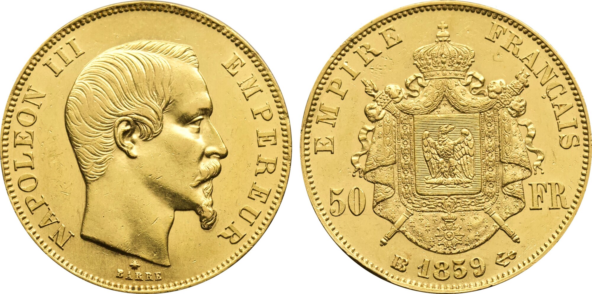 France 50 Francs 1859-BB Napoleon III, Strasbourg mint AU/UNC | MA-Shops